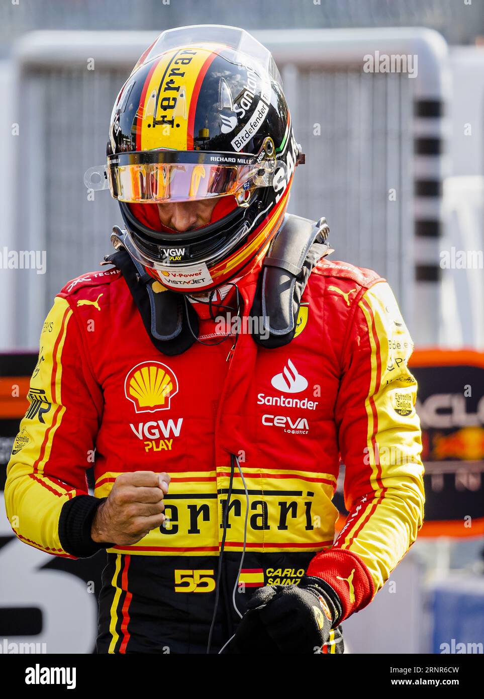 MONZA - Carlos Sainz (Ferrari) reacts after taking pole position after qualifying for the F1 ...