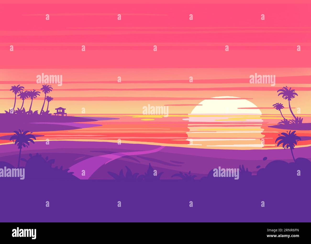 Cartoon drawing of the beach at sunset landscape format orientation ...
