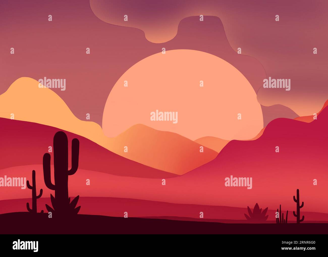Cartoon drawing of the sun rising in the desert using beautiful pink ...
