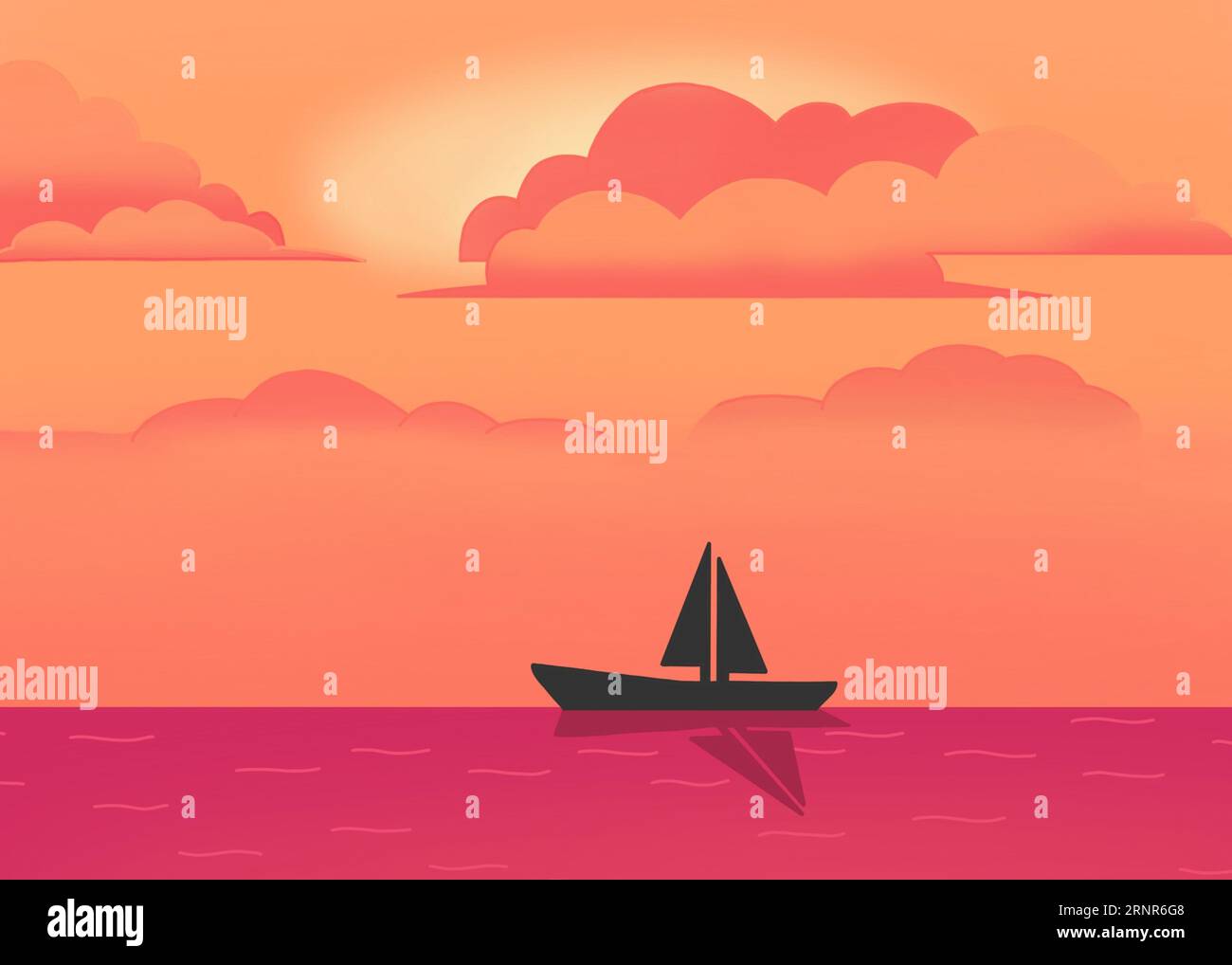 Cartoon drawing of a sail boat on the ocean at sunrise landscape format ...