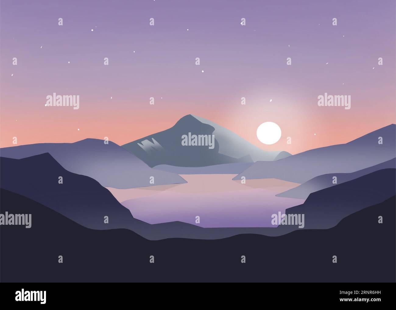 Cartoon Illustration of the sun rising over the Mountains Landscape ...