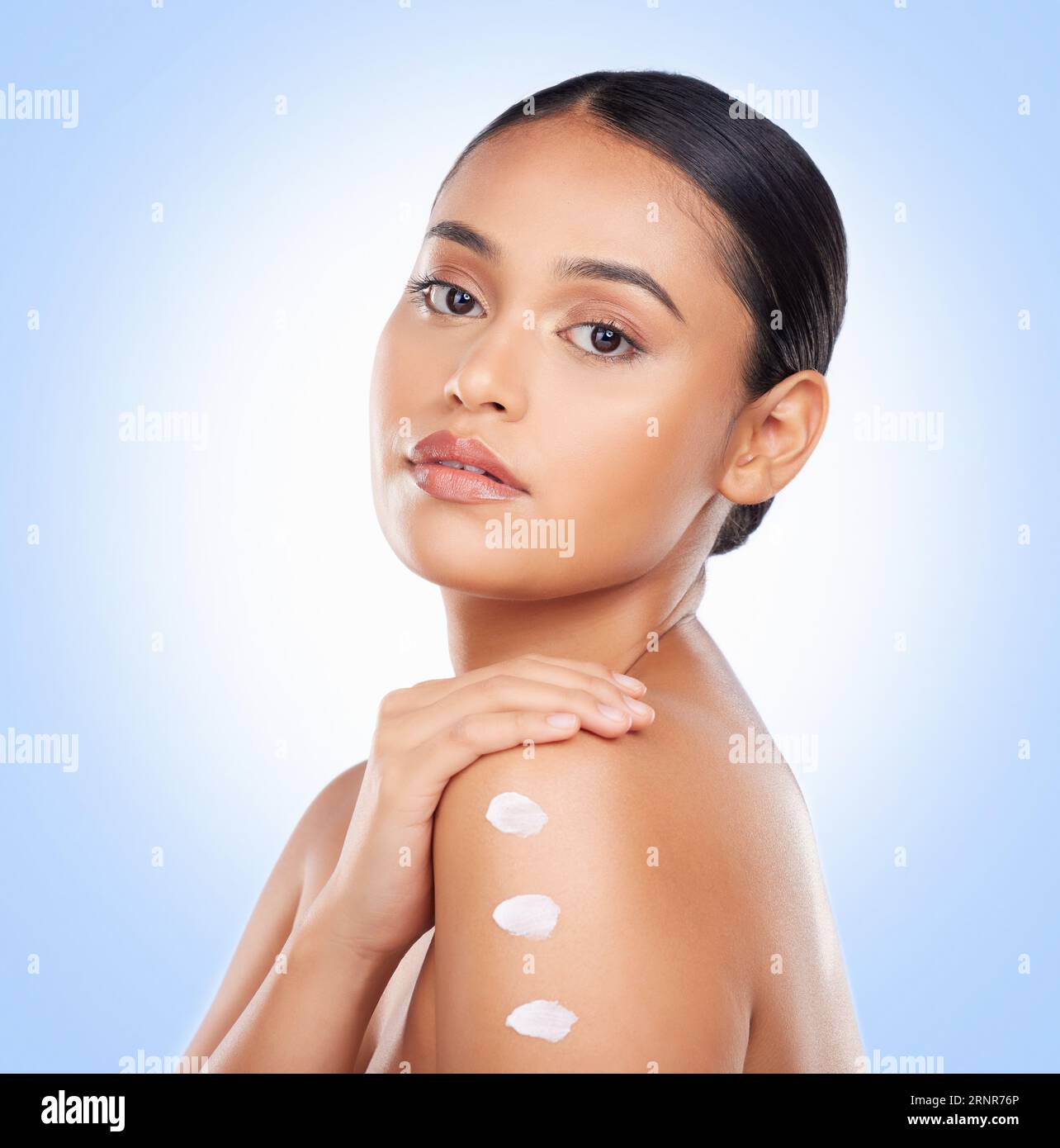 Portrait, shoulder and woman with cream, skincare and dermatology on ...