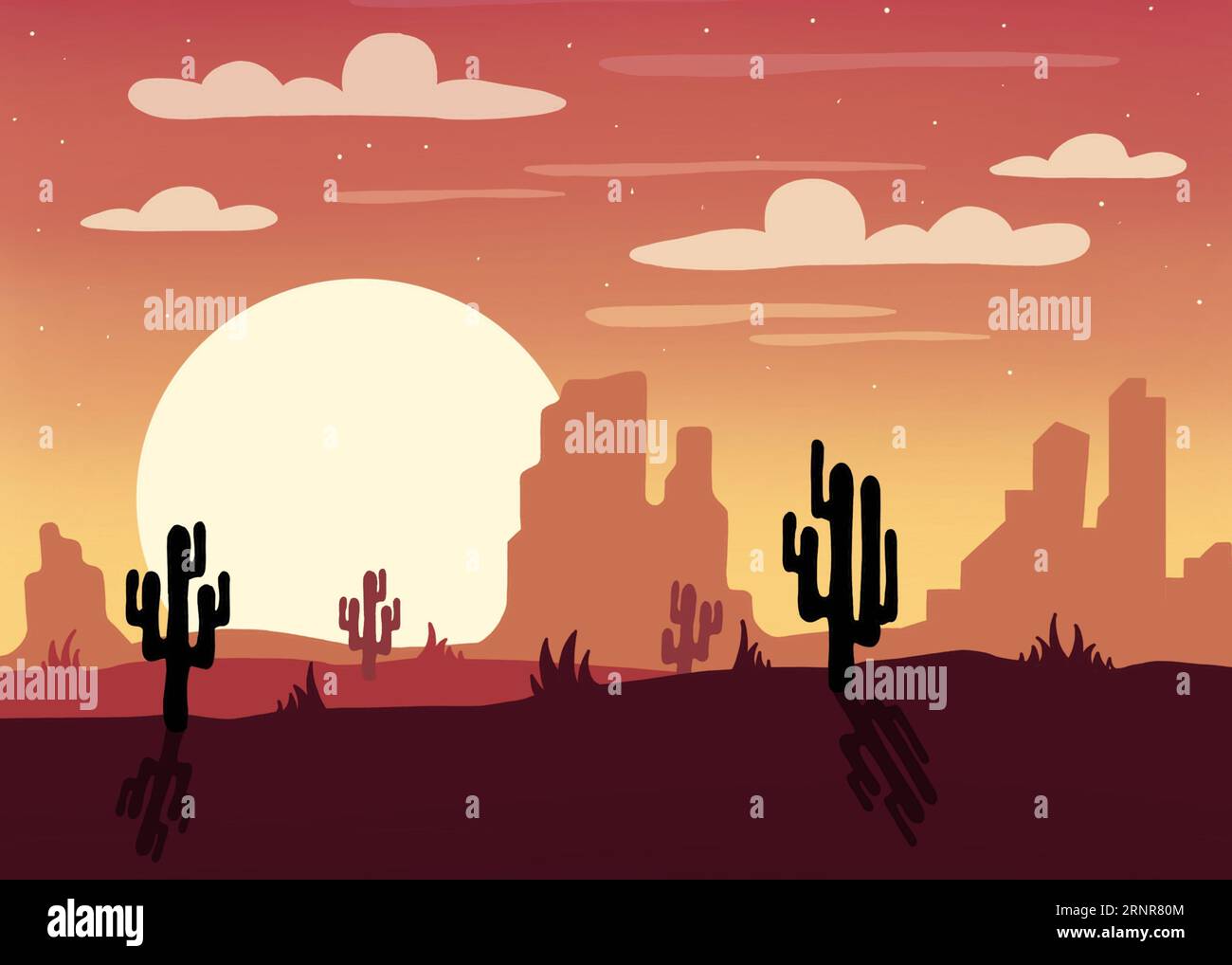 Cartoon illustration of the sun setting in the desert with the clouds ...