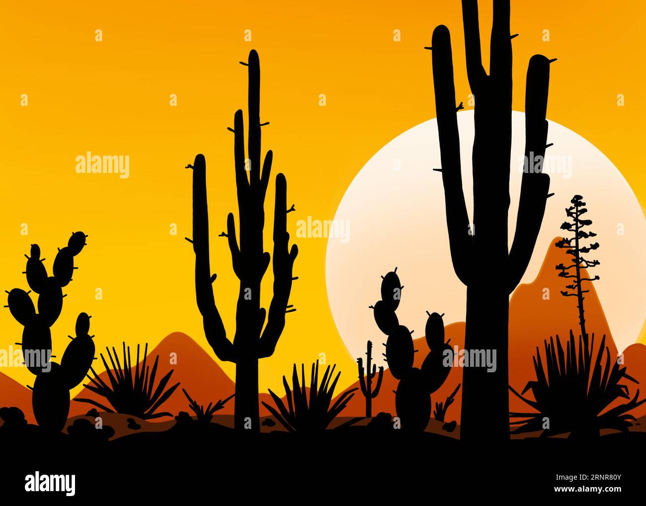 Illustration of the large sun setting behind the cactus plants in the ...