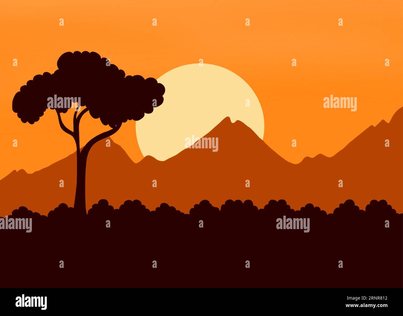 Cartoon illustration of a hill range at sunset using different shades ...