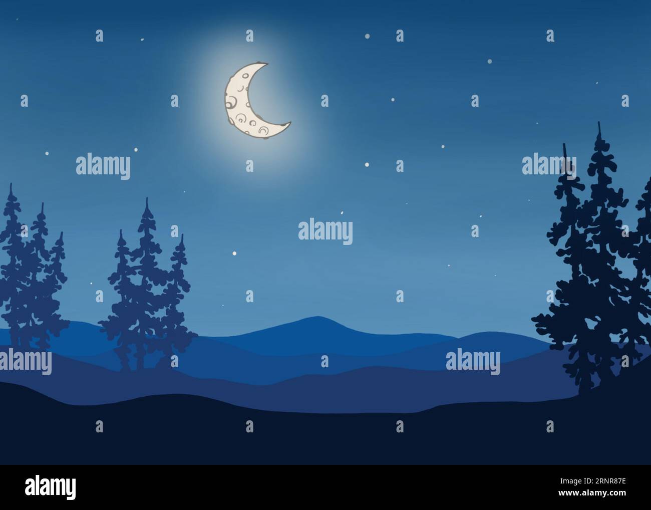 Cartoon Drawing of the Moon rising high in the sky amongst the ...