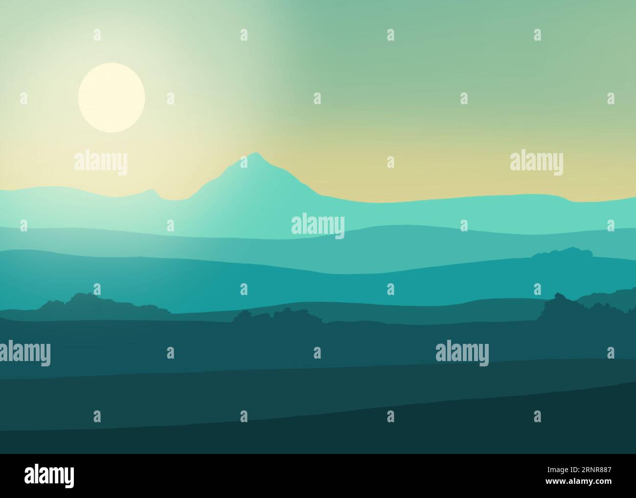 Cartoon illustration of the sun rising over the hills at dawn landscape ...