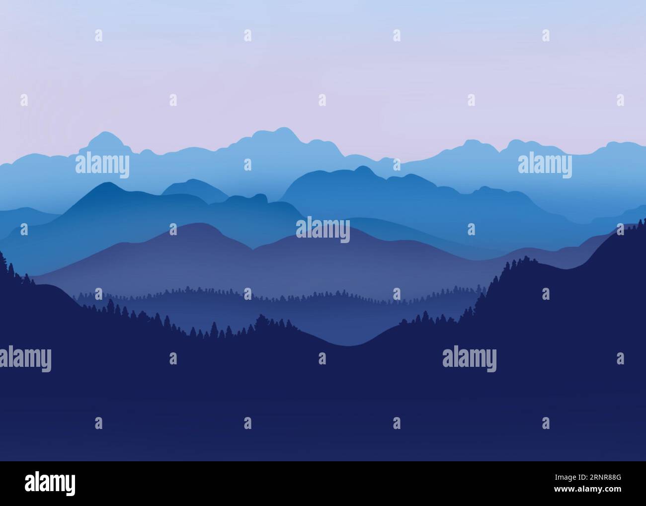 Cartoon drawing of a hill range at early sunrise with the mist creating ...