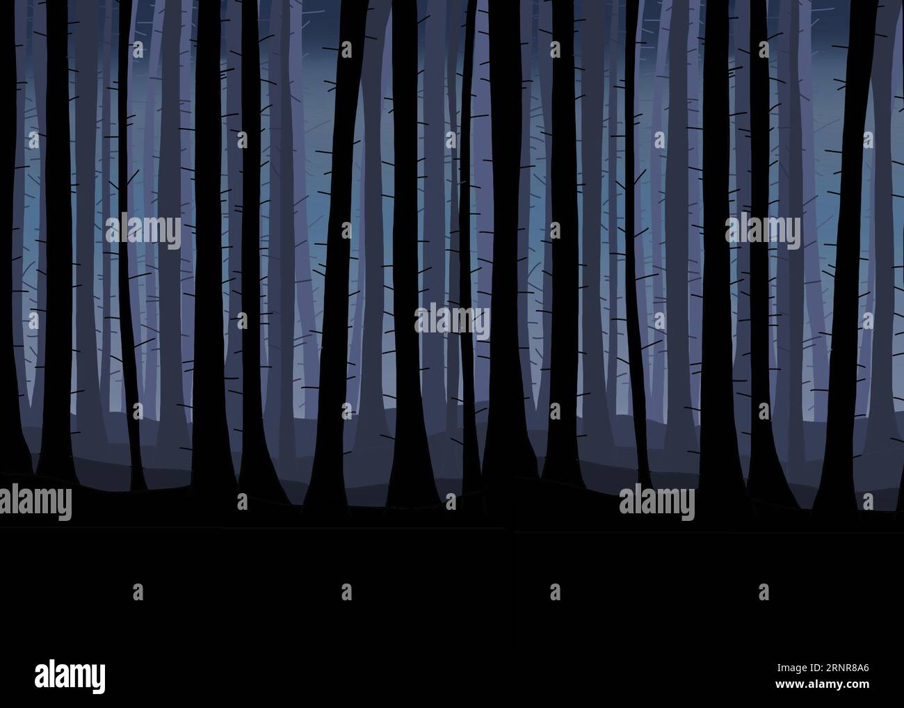 Cartoon illustration of the trees deep in a forest at dusk landscape ...