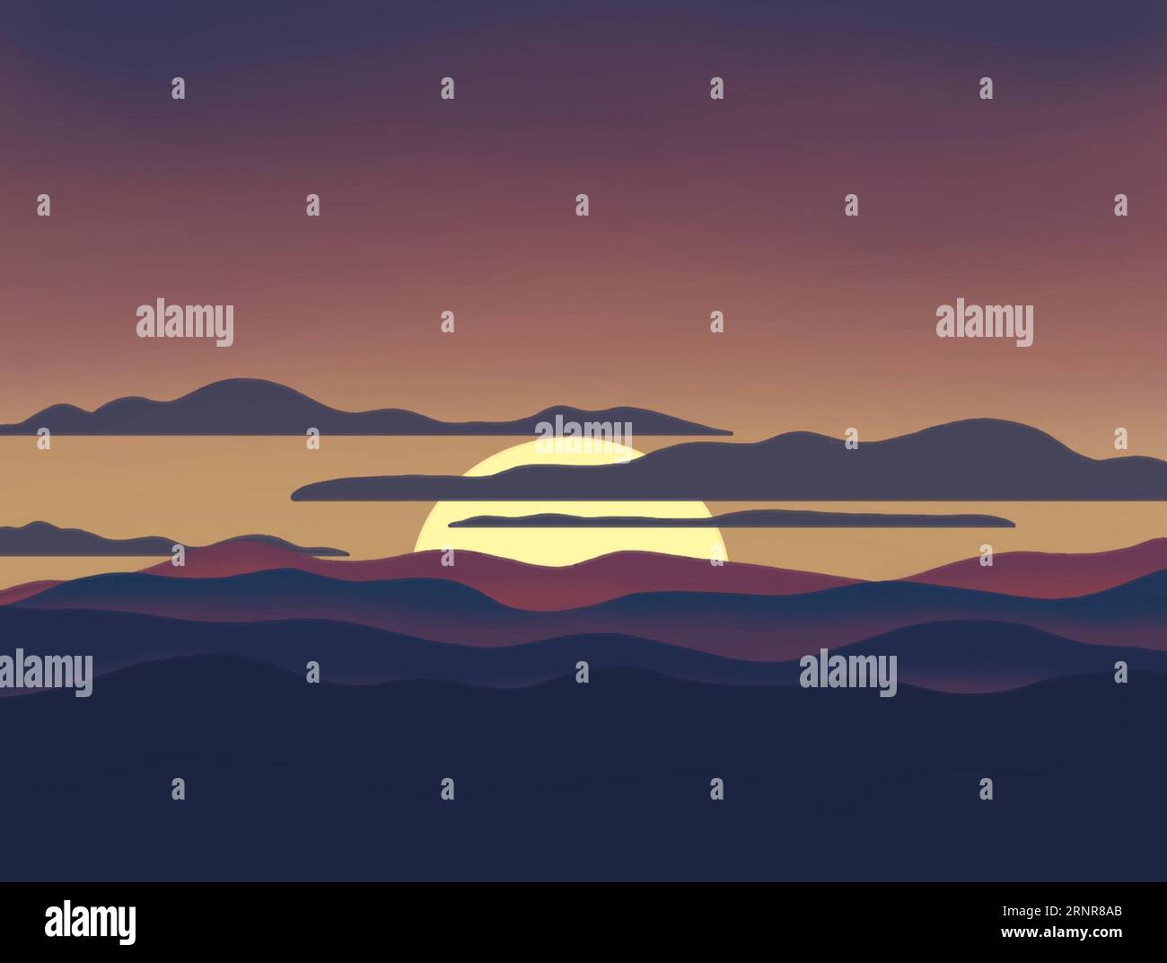 Cartoon drawing of a hill range at sunset landscape format orientation ...