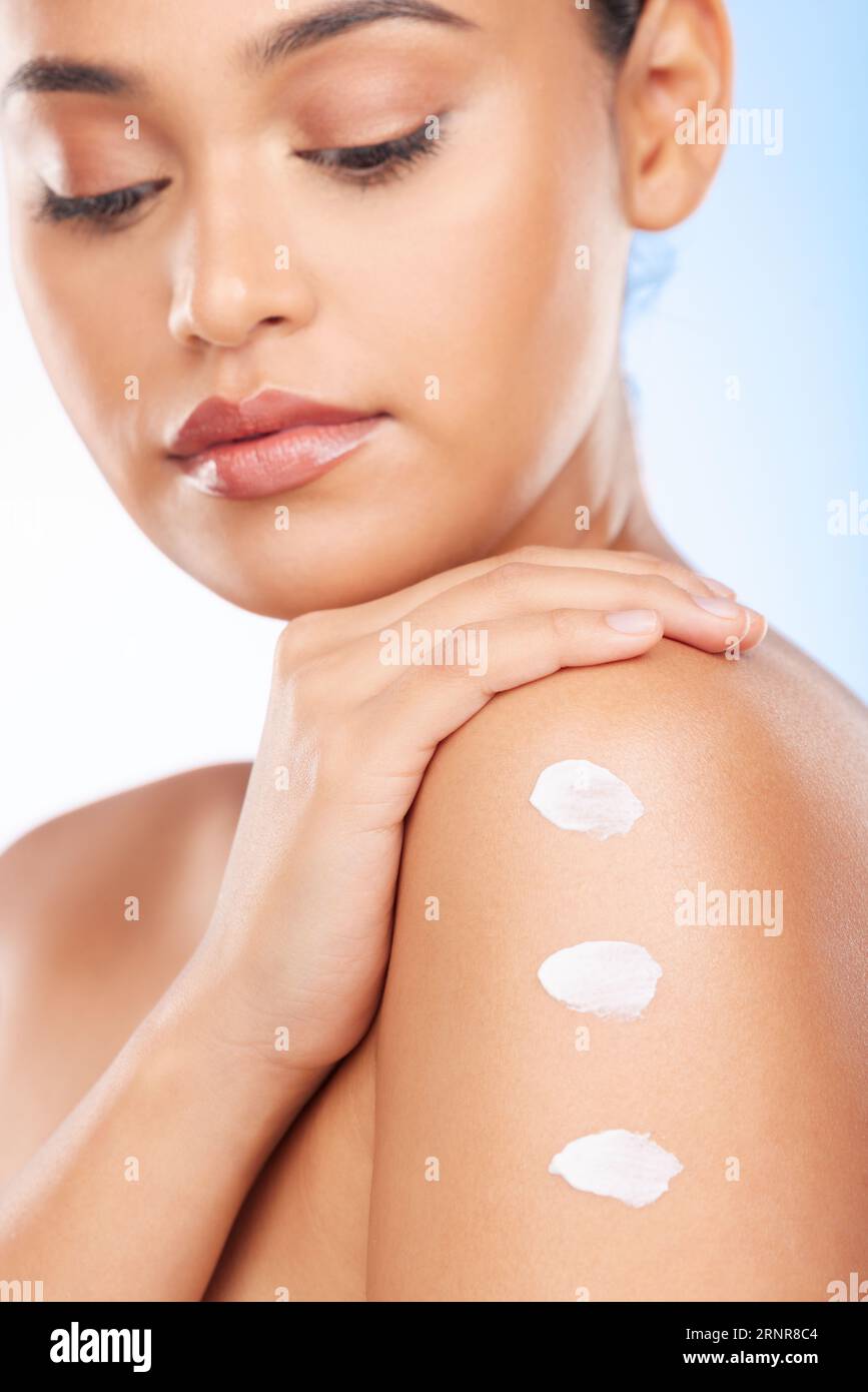 Portrait, shoulder and woman with cream, cosmetics and dermatology on ...