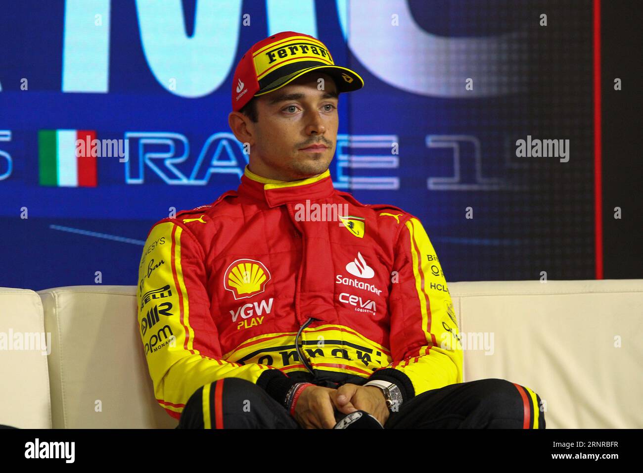 Charles Leclerc (MON) Ferrari SF-23 during post qualify press ...