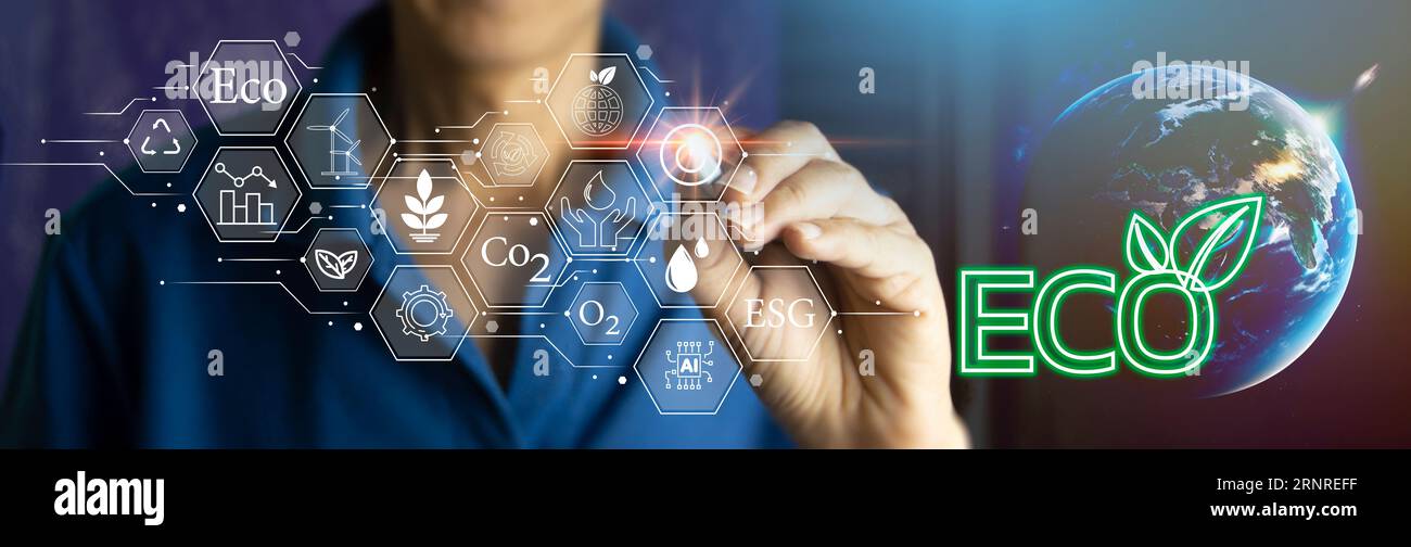 Businessman concept with icons, technology, environment, global warming ...