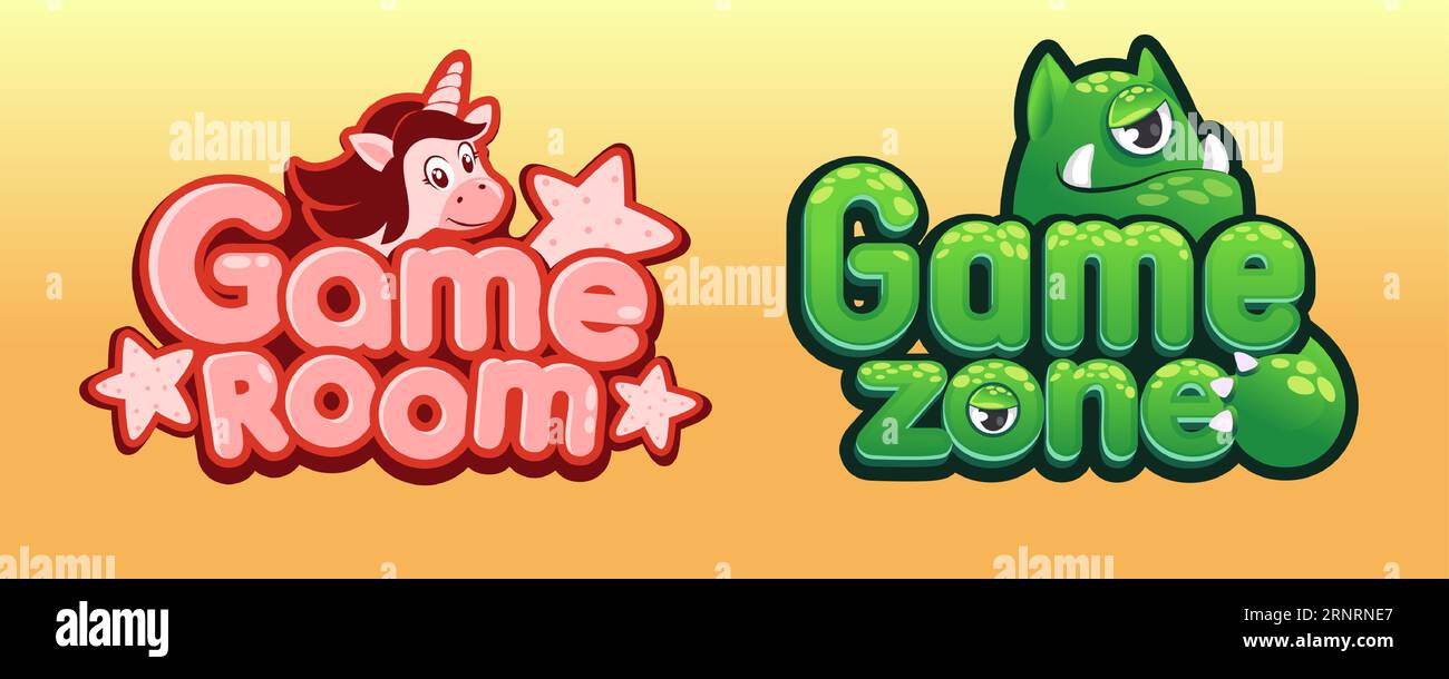 Play room logo. Kids zone cartoon banners with unicorn and cute monster ...