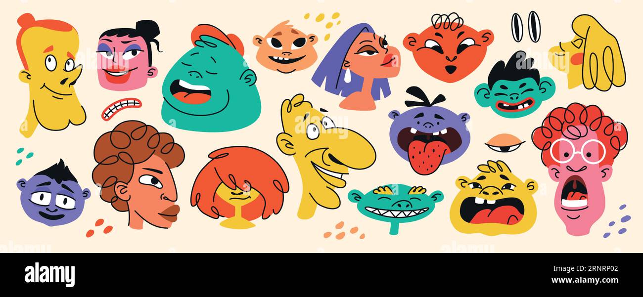 Funny portraits. Quirky people faces, abstract unique symbols of young ...