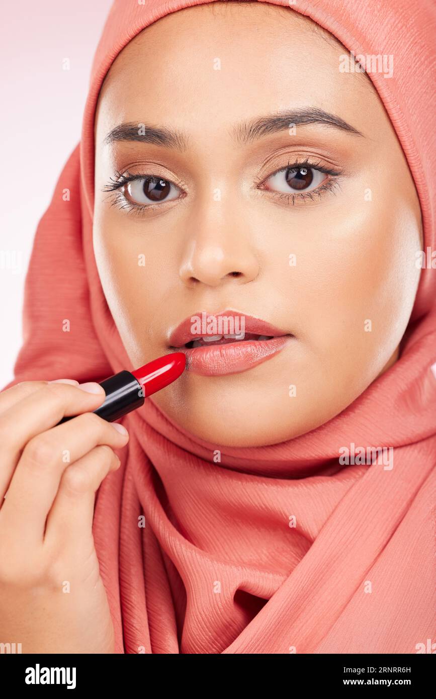 Portrait, beauty and makeup with a muslim woman closeup in studio on a ...