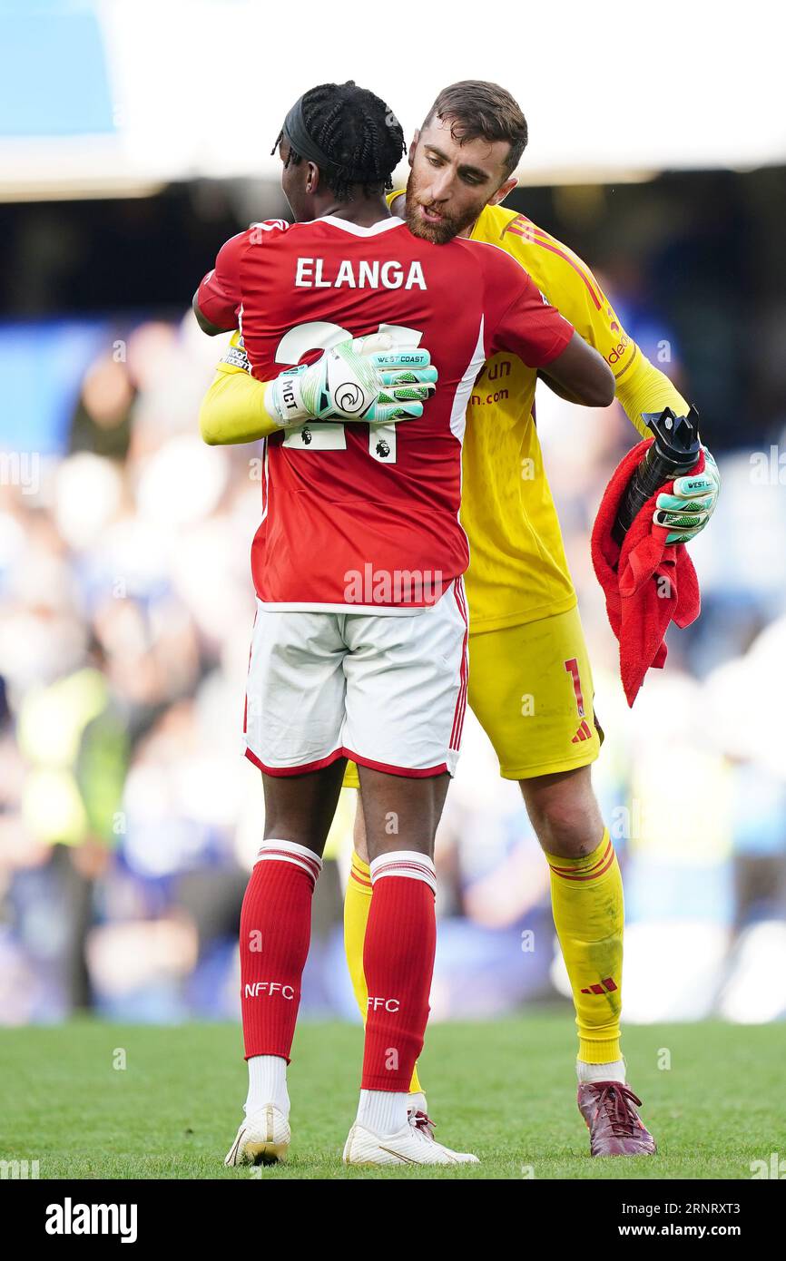 Nottingham Forest goalkeeper Matt Turner (right) and Anthony Elanga hug ...