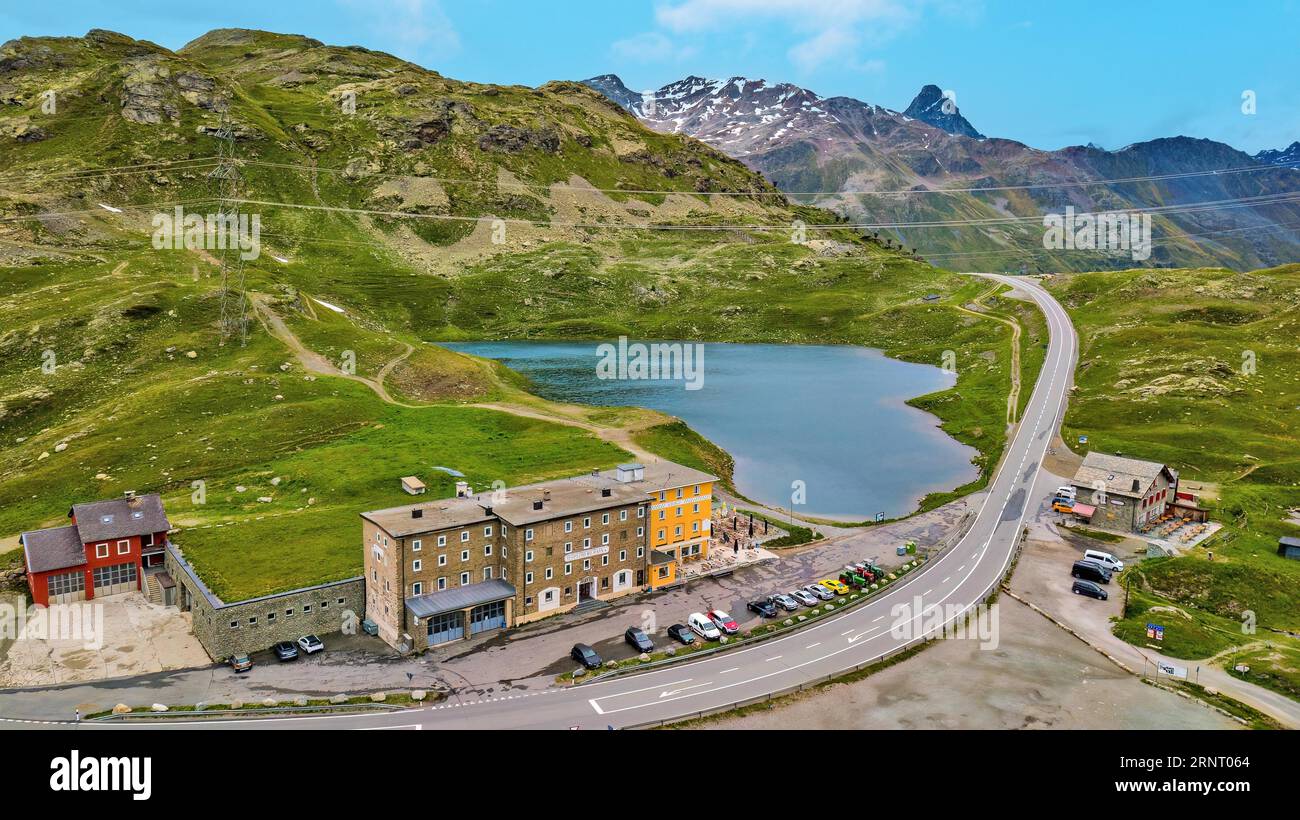 Aerial view bird's eye view of mountain lake at mountain pass alpine ...