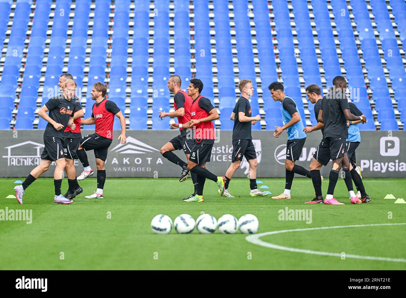 Deinze, Belgium. 02nd Sep, 2023. Warming-up Deinze pictured before a ...