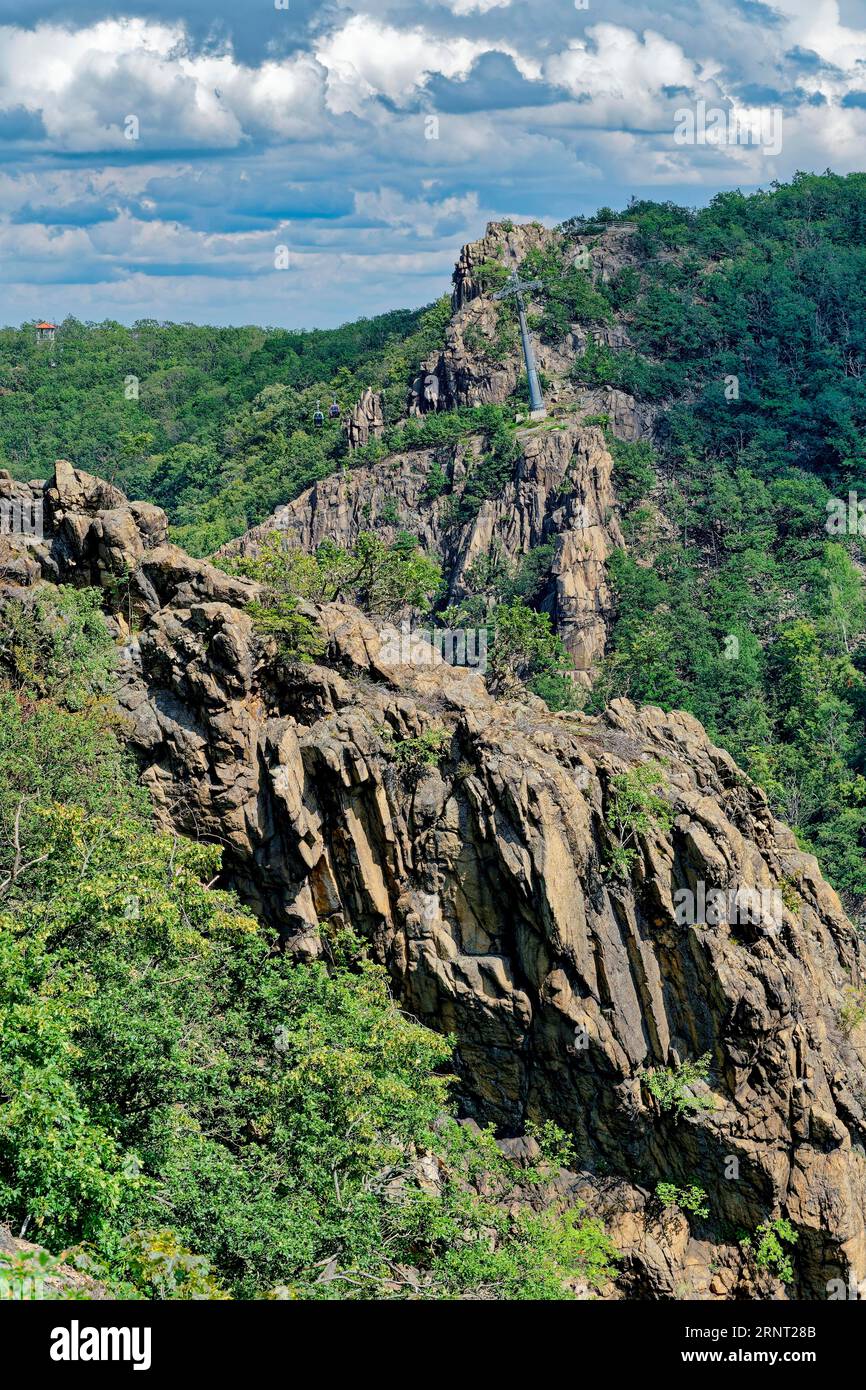 View from the Rosstrappe and cable car, Thale, Harz, Saxony-Anhalt ...