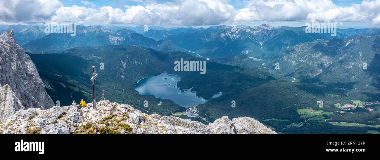 Aerial view, summit cross of the Waxenstein, Eibsee lake and ...