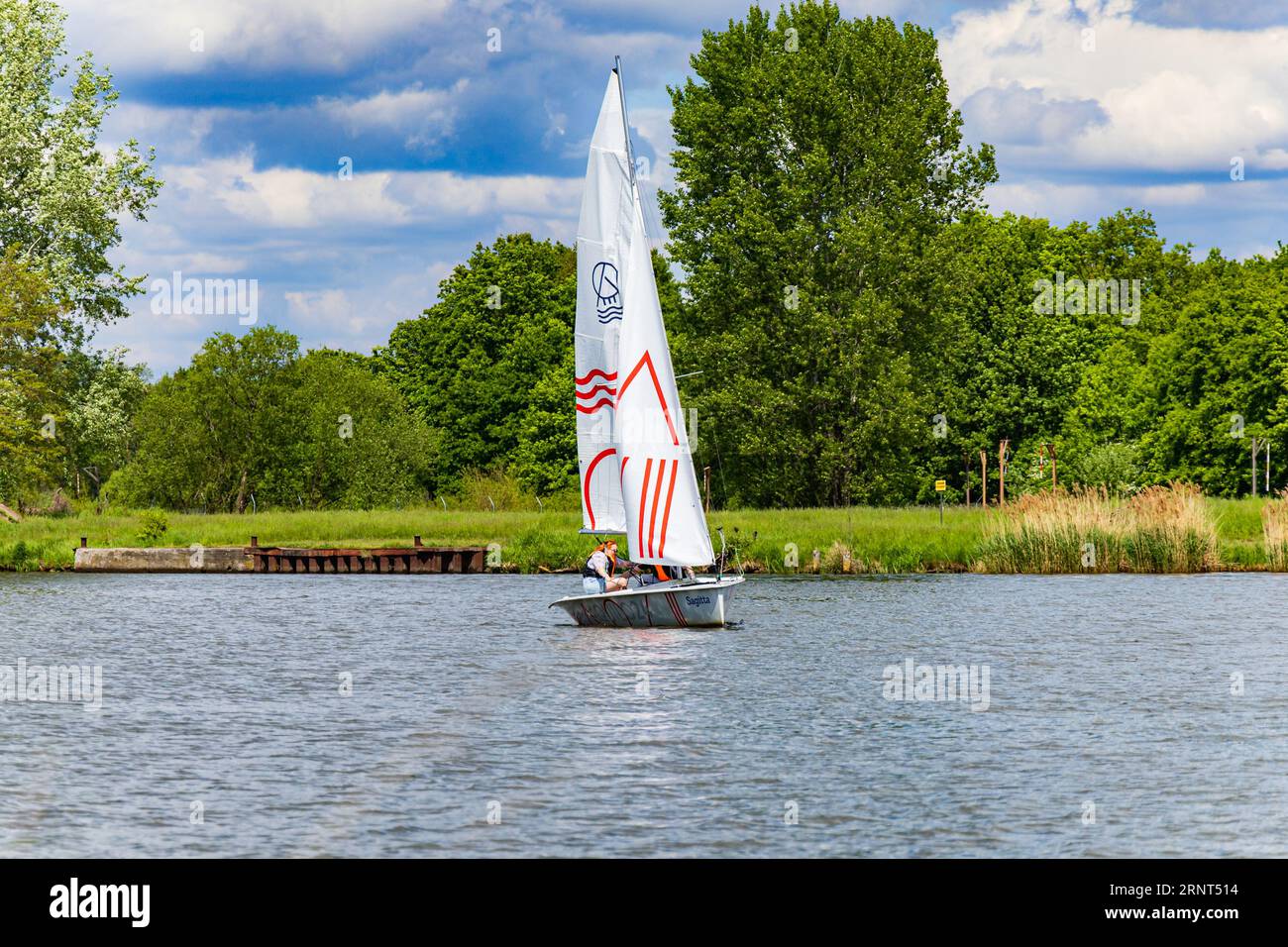 Wroclaw, Poland - May 14 2023: Small white boat named Sagitta swimming ...