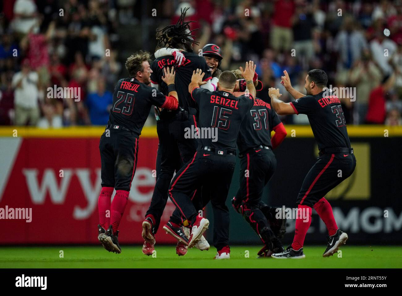 Cincinnati Reds' Noelvi Marte, back, celebrates with teammates after ...