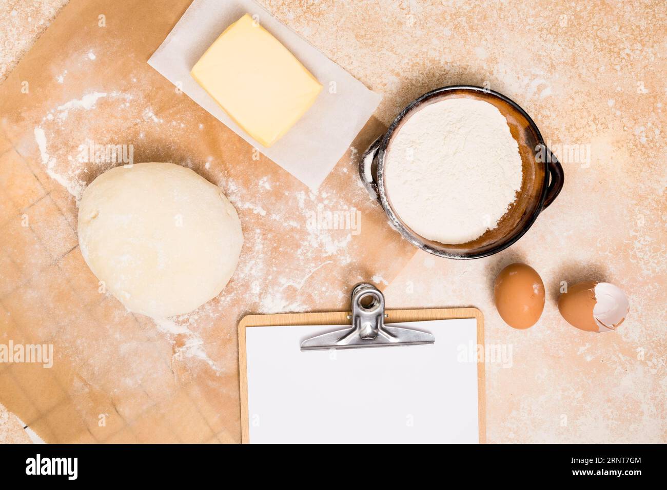 Ball dough flour block butter eggs clipboard kitchen backdrop Stock ...
