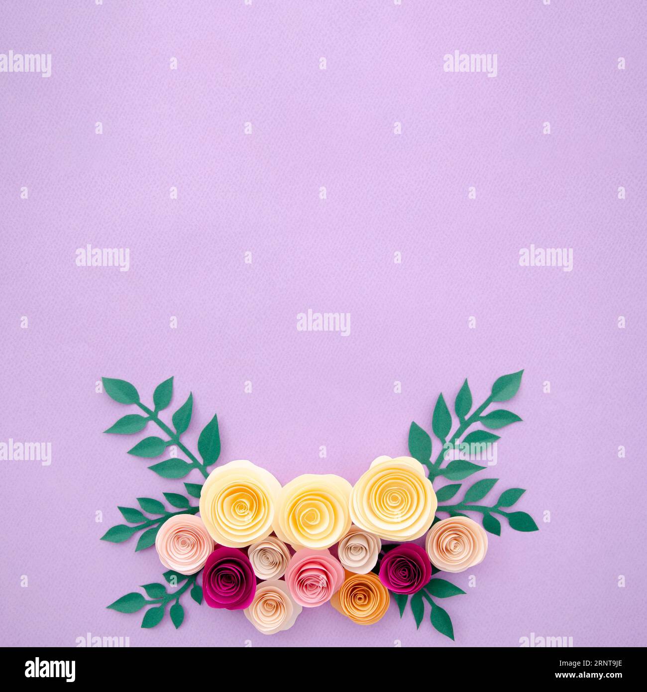 Top view paper flowers leaves purple background Stock Photo - Alamy