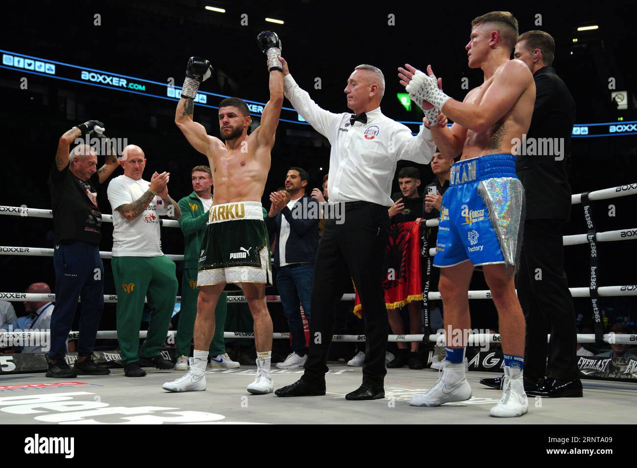 Florian Marku (left) celebrates victory against Dylan Moran in the ...