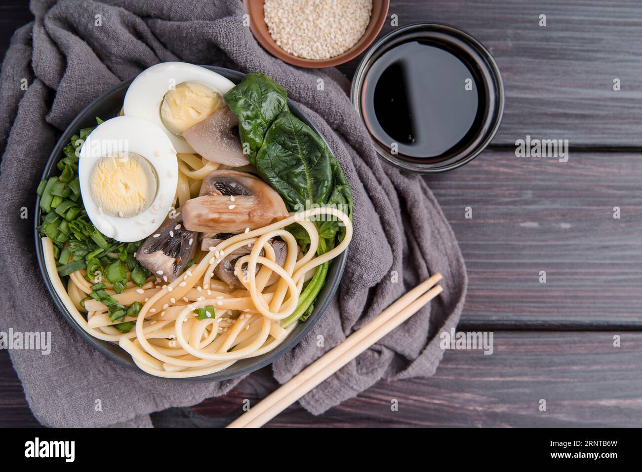 Spinach eggs ramen soup cloth Stock Photo - Alamy
