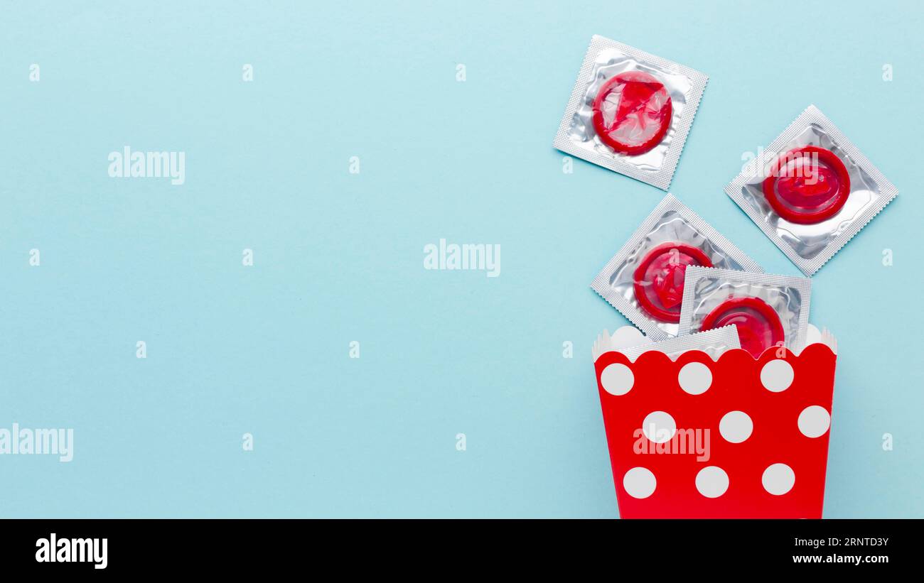 Contraception method arrangement with copy space blue background Stock ...