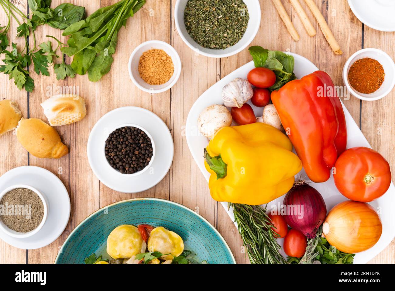 Elevated view healthy ingredient pasta table Stock Photo - Alamy
