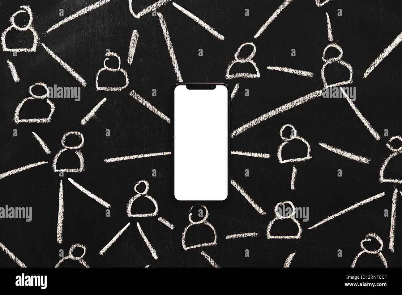 Hand drawn figures connected through blank white cellphone chalkboard ...