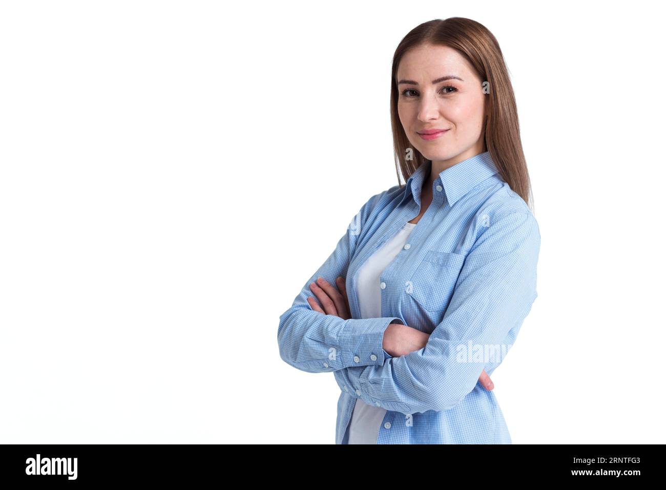 Satisfied client online delivery standing sideways smile Stock Photo ...