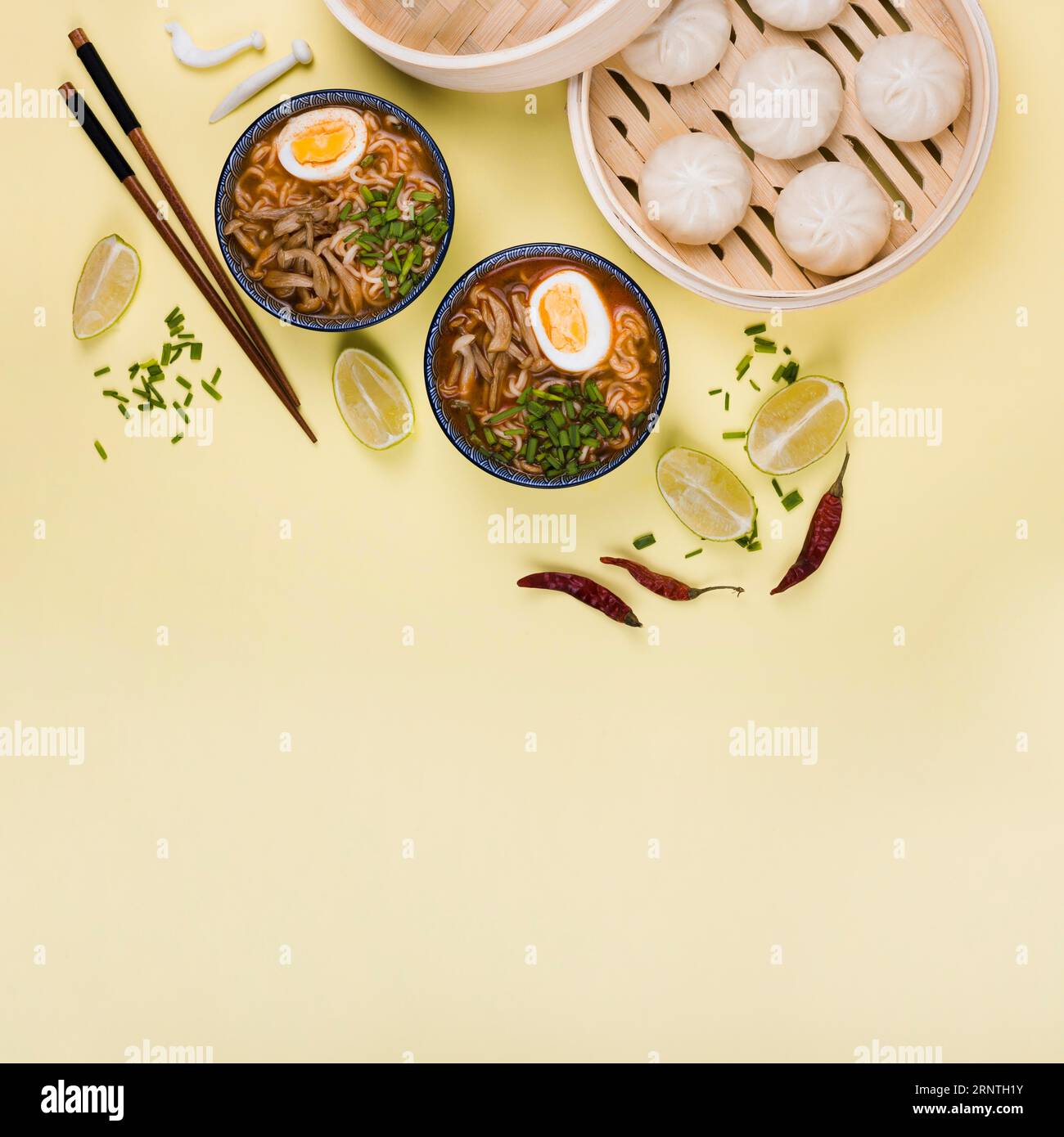 Top view ramen bowls dim sum Stock Photo - Alamy