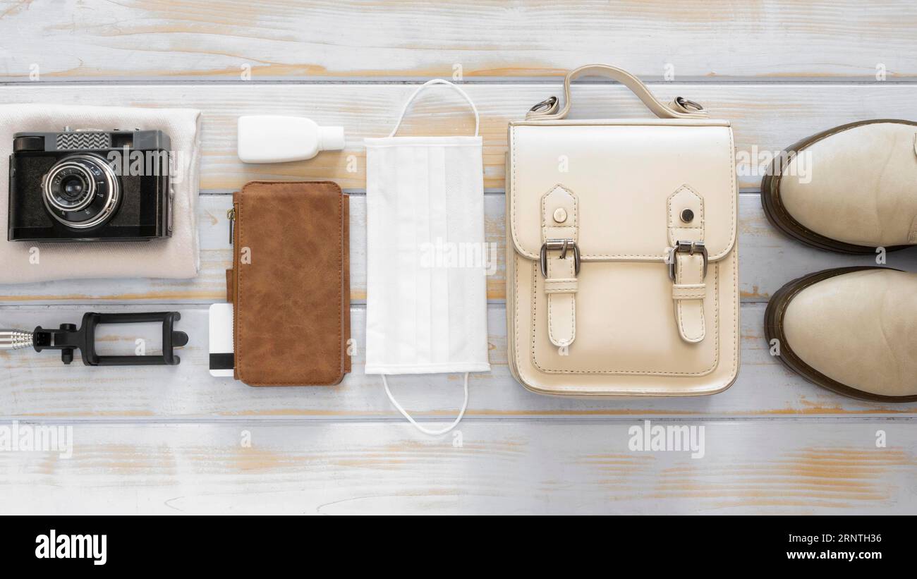 Travel still life pack top view Stock Photo - Alamy