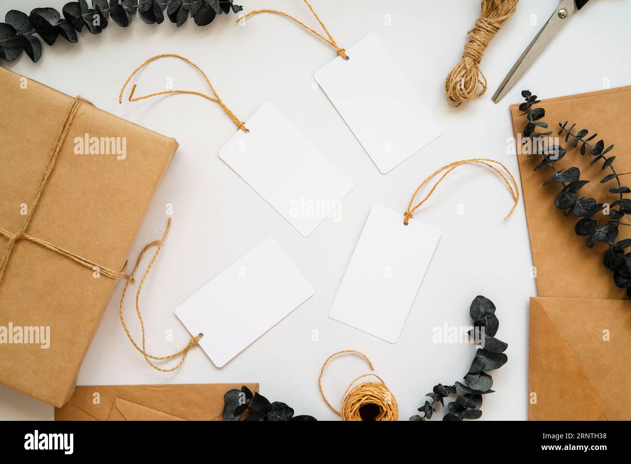 Top view wrapping paper empty white labels Stock Photo - Alamy
