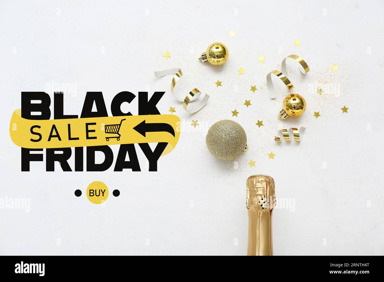 Banner for Black Friday with champagne bottle and Christmas decor Stock ...