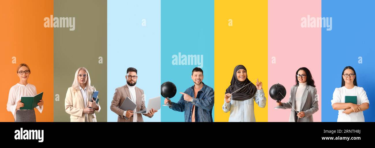Set of different teachers on color background Stock Photo - Alamy