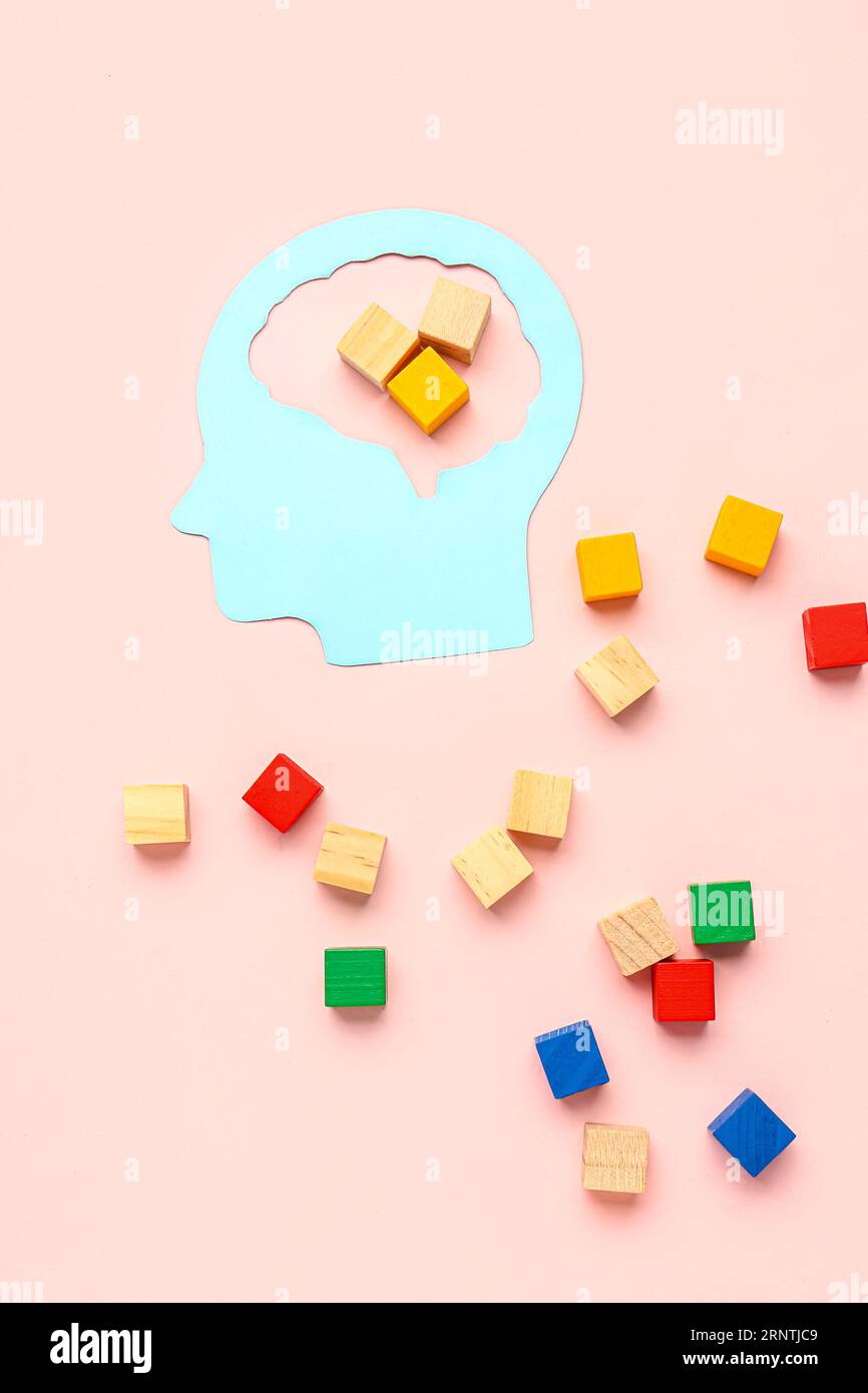 Paper human head with cubes on pink background. Logic concept Stock ...