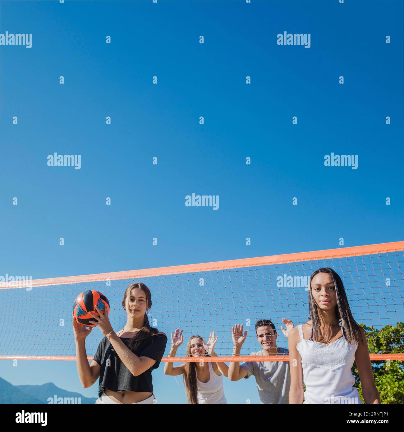 Group friends playing beach volleyball Stock Photo - Alamy