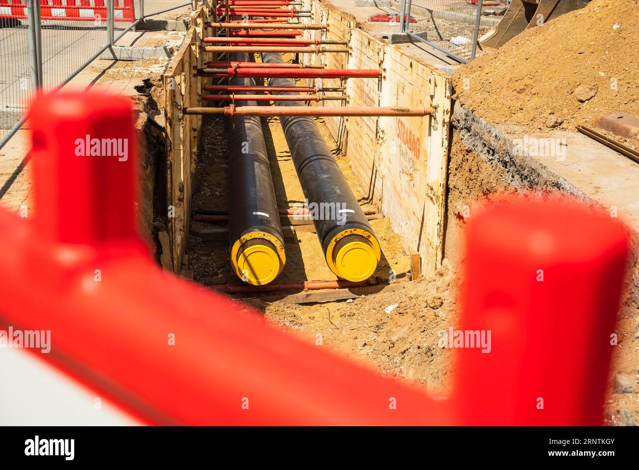 Construction work on a new district heating pipeline for the use of ...