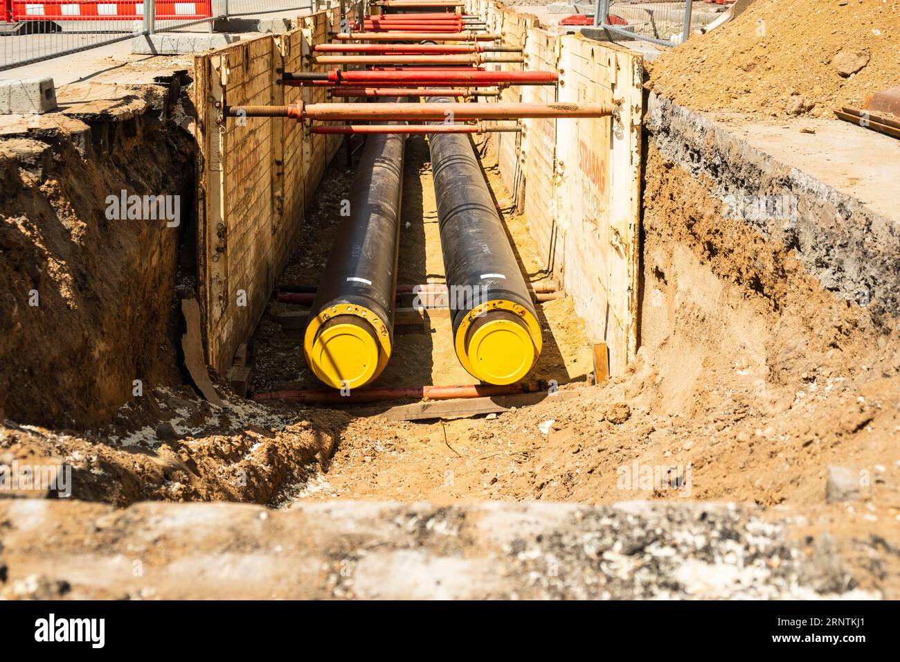 Construction work on a new district heating pipeline for the use of ...