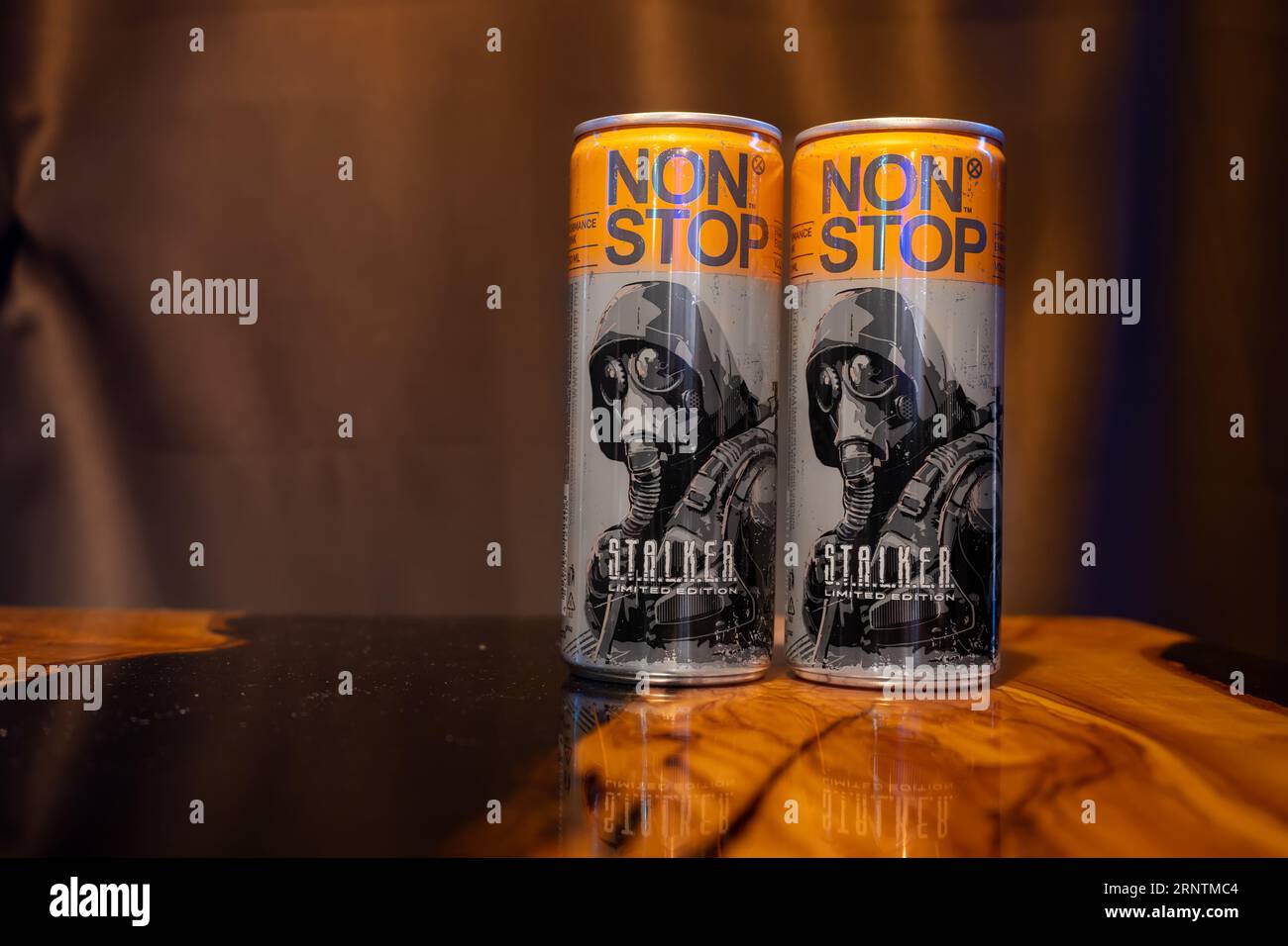 Kyiv, Ukraine - 02 September 2023: Cans Non Stop Stalker energy drink ...