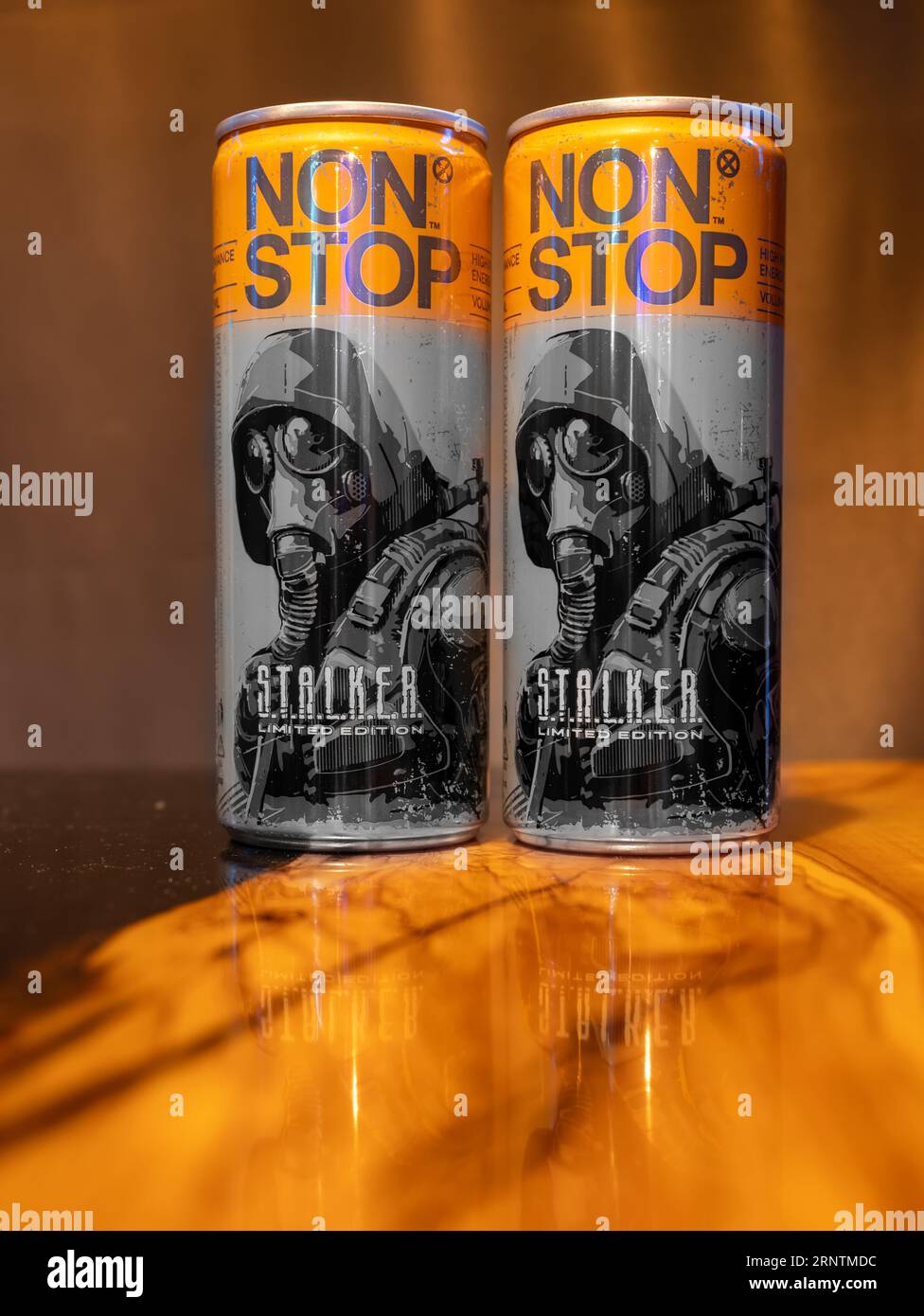 Kyiv, Ukraine - 02 September 2023: Cans Non Stop Stalker energy drink ...