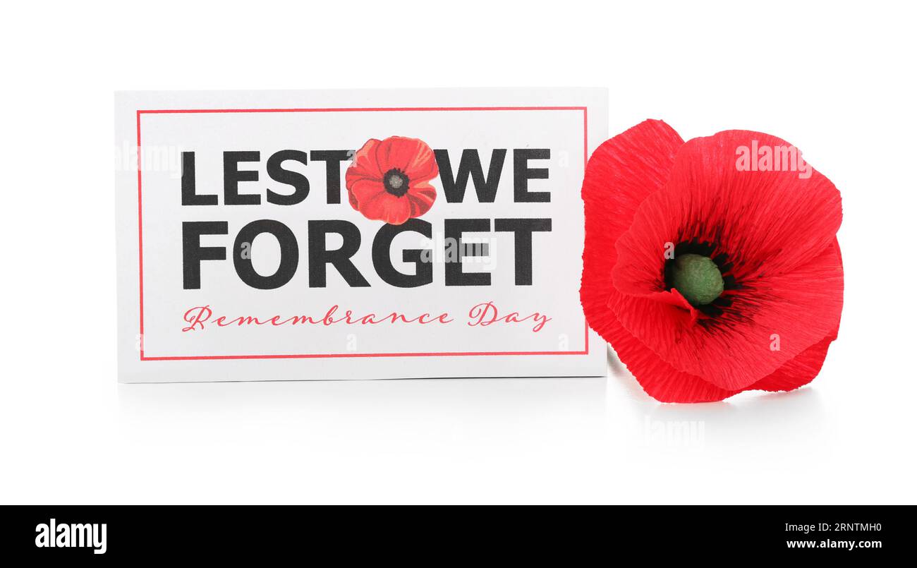 Red poppy flower with card isolated on white background. Remembrance ...