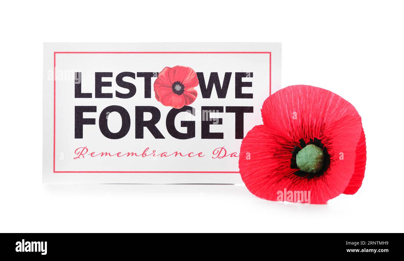 Red poppy flower with card isolated on white background. Remembrance ...