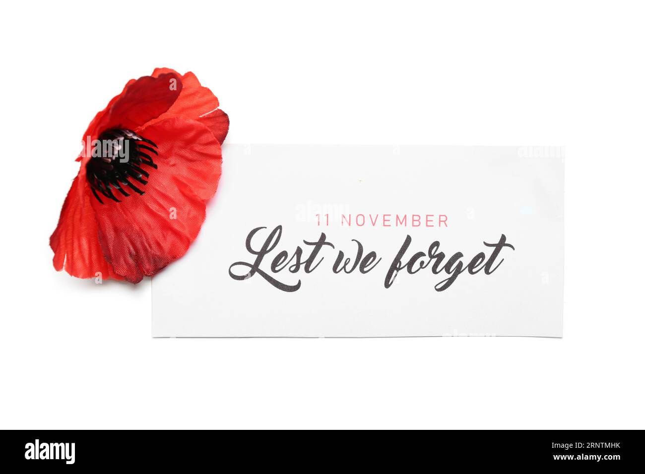 Red poppy flower with card isolated on white background. Remembrance ...