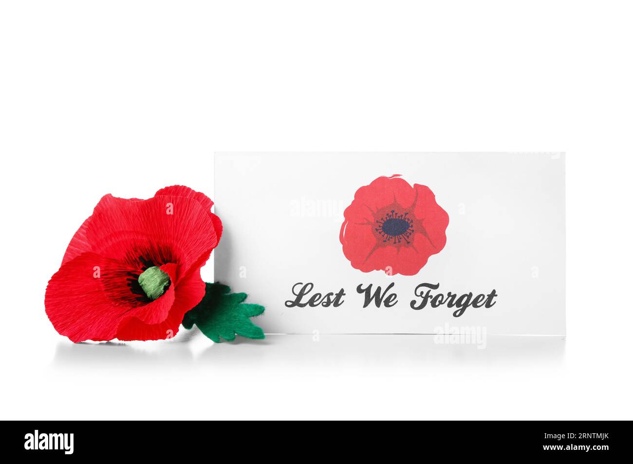 Red poppy flowers with card isolated on white background. Remembrance ...
